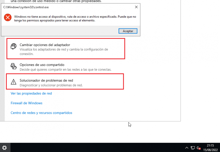 Error al cambiar opciones del adaptador en Windows Server con Active ...