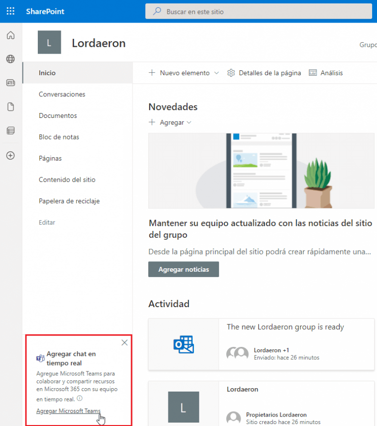 Conectar un equipo de Teams con un sitio de SharePoint existente