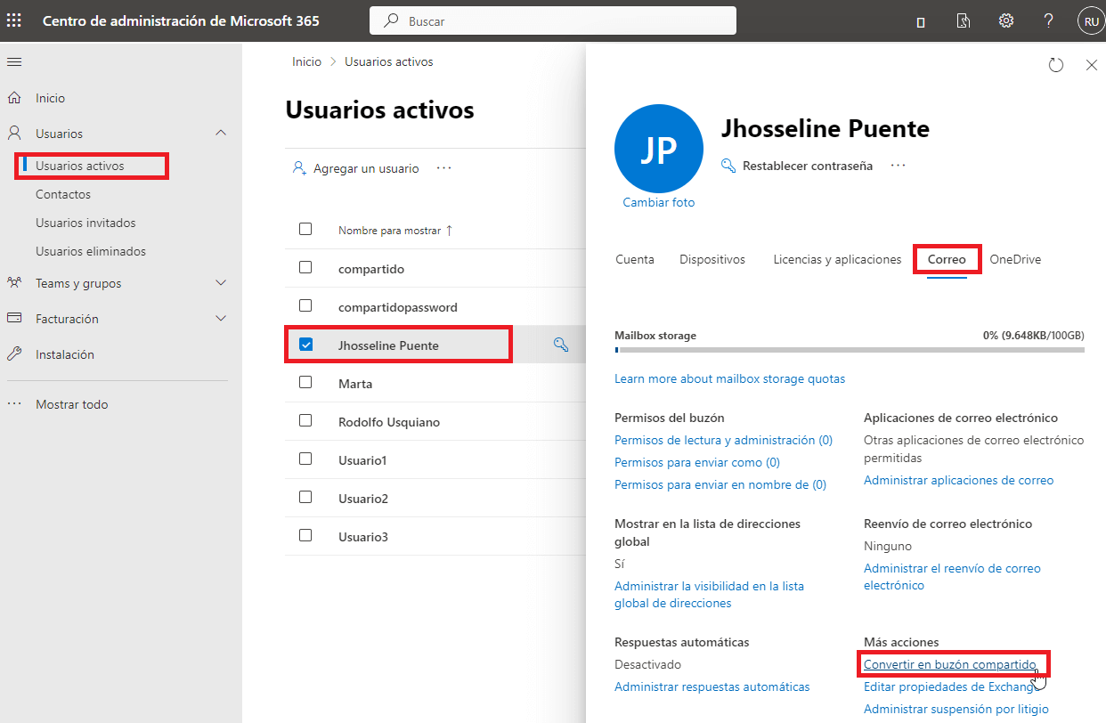 Convertir un buzón de correo en un buzón compartido